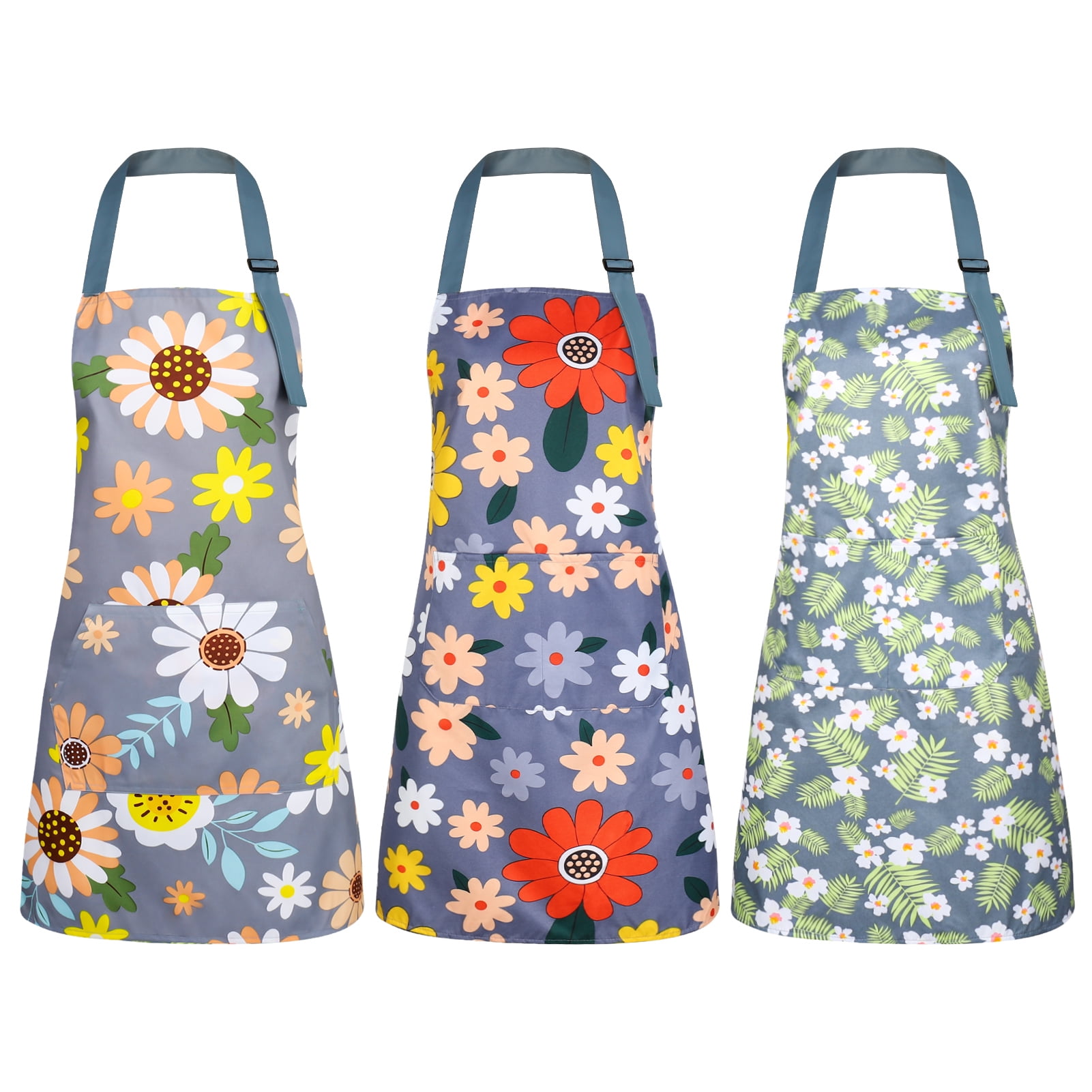 HEQUSIGNS 3 Pack Floral Waterproof Aprons with Pockets, Adjustable ...