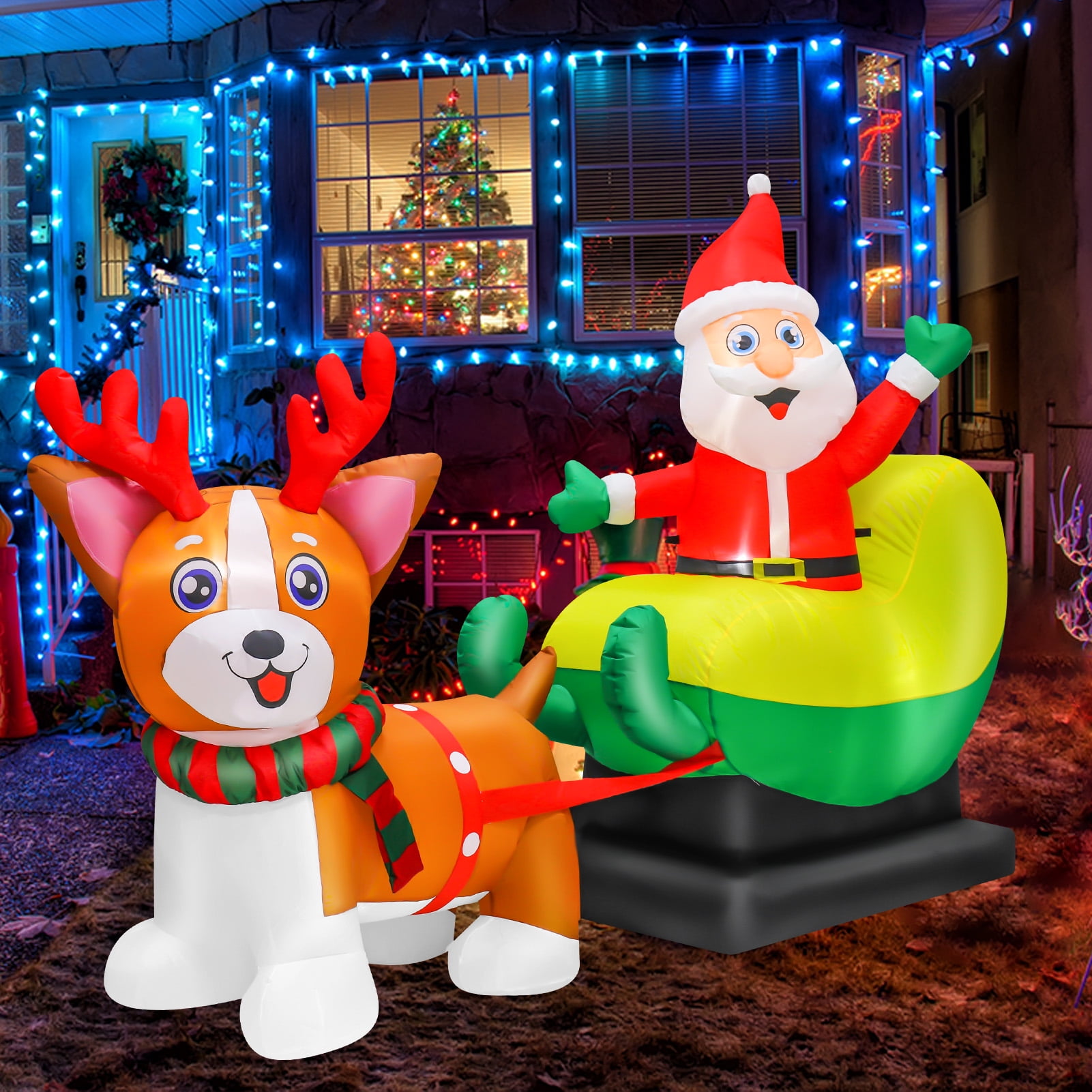 Hequsigns Huge 7ft Christmas Inflatable Santa Sleigh With Reindeer Led