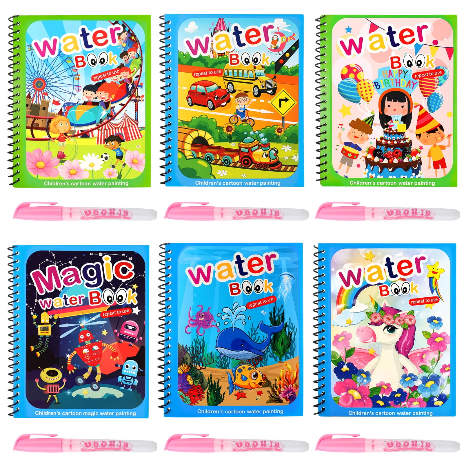 HEQUSIGNS 6Pcs Magic Watercolor Books, Reusable, with Drawing Pen ...