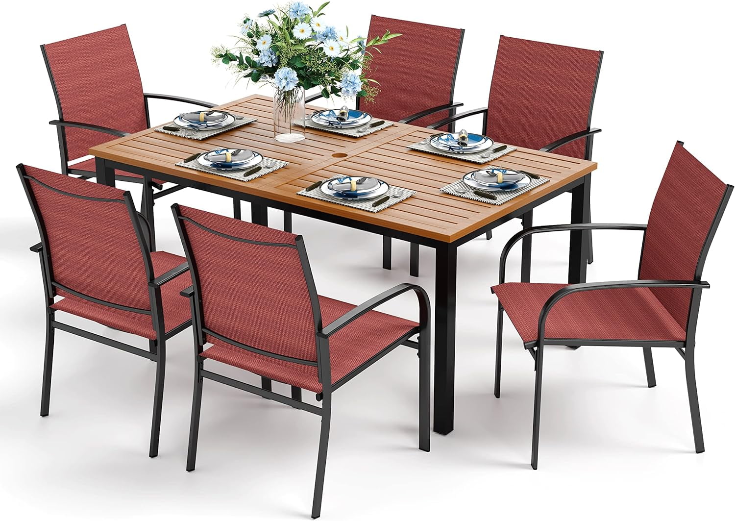 HERA'S HOUSE Red Patio Furniture Outdoor Dining Set, 64" Wood-Grain ...