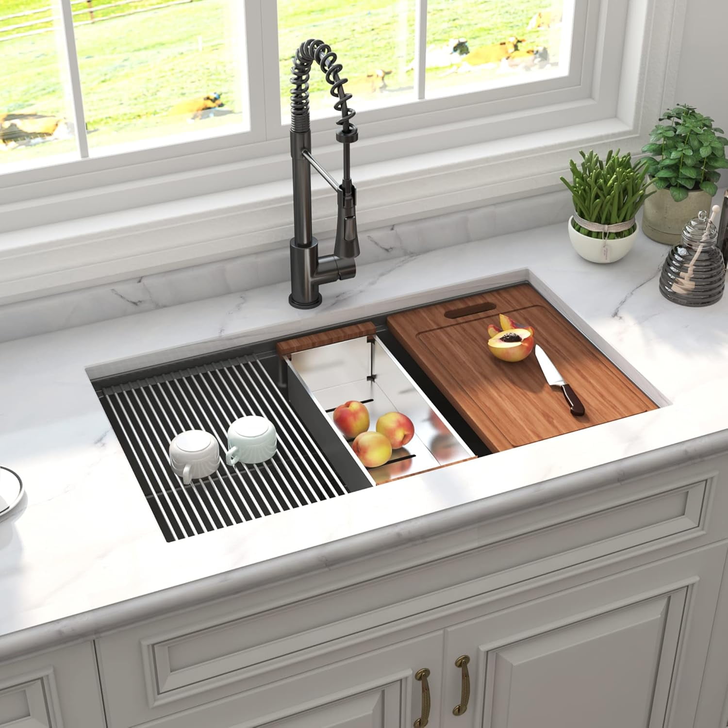 HERCATE- 32 inch 16 Gauge Black Undermount Workstation Kitchen Sink ...