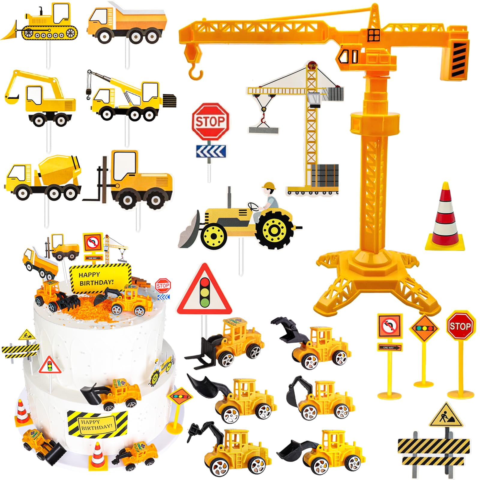 HERCOCCI 25Pcs Construction Cake Topper, Excavator Tower Cupcake Topper ...