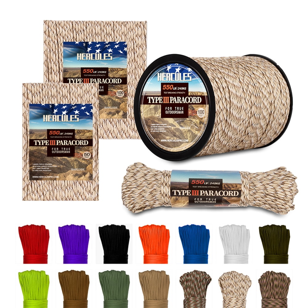 HERCULES Type III Paracord 550 Paracord Rope Parachute Cord, 100' Camo ...