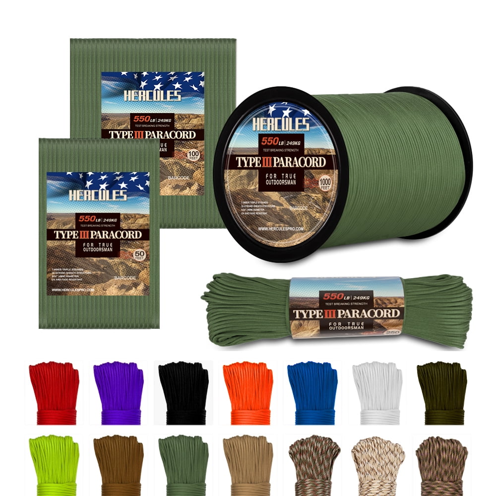 HERCULES Type III Paracord 550 Paracord Rope Parachute Cord, 250' Olive ...