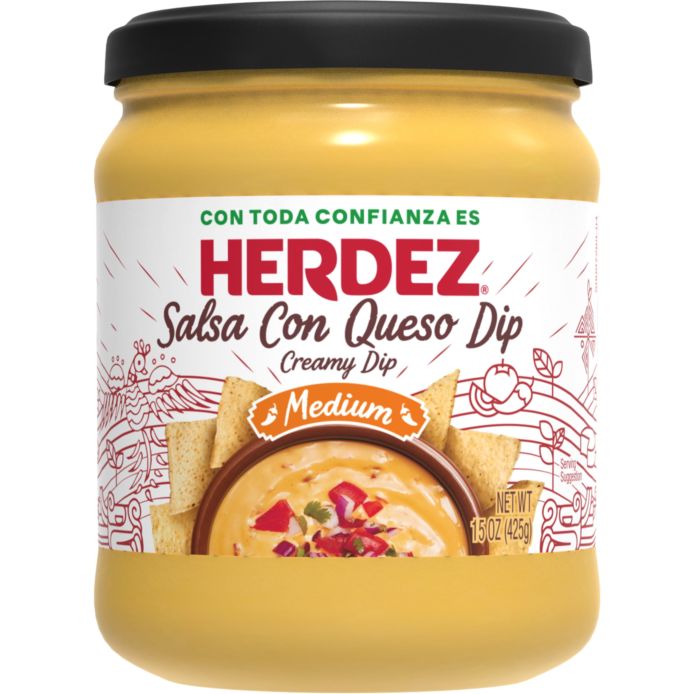 HERDEZ Queso Con Salsa Creamy Dip Shelf-Stable, Medium, 15 oz Glass Jar ...