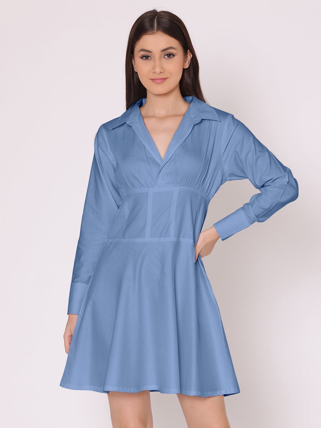 HERE&NOW Women's Solid Drop Shoulder Dress Plicated Detail Long Sleeves ...