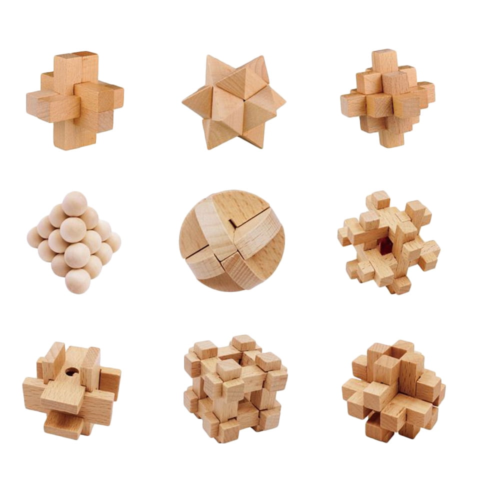 HERFIER 9Pcs 3D Wooden Cube Brain Teaser Puzzle for Adults & Kids ...