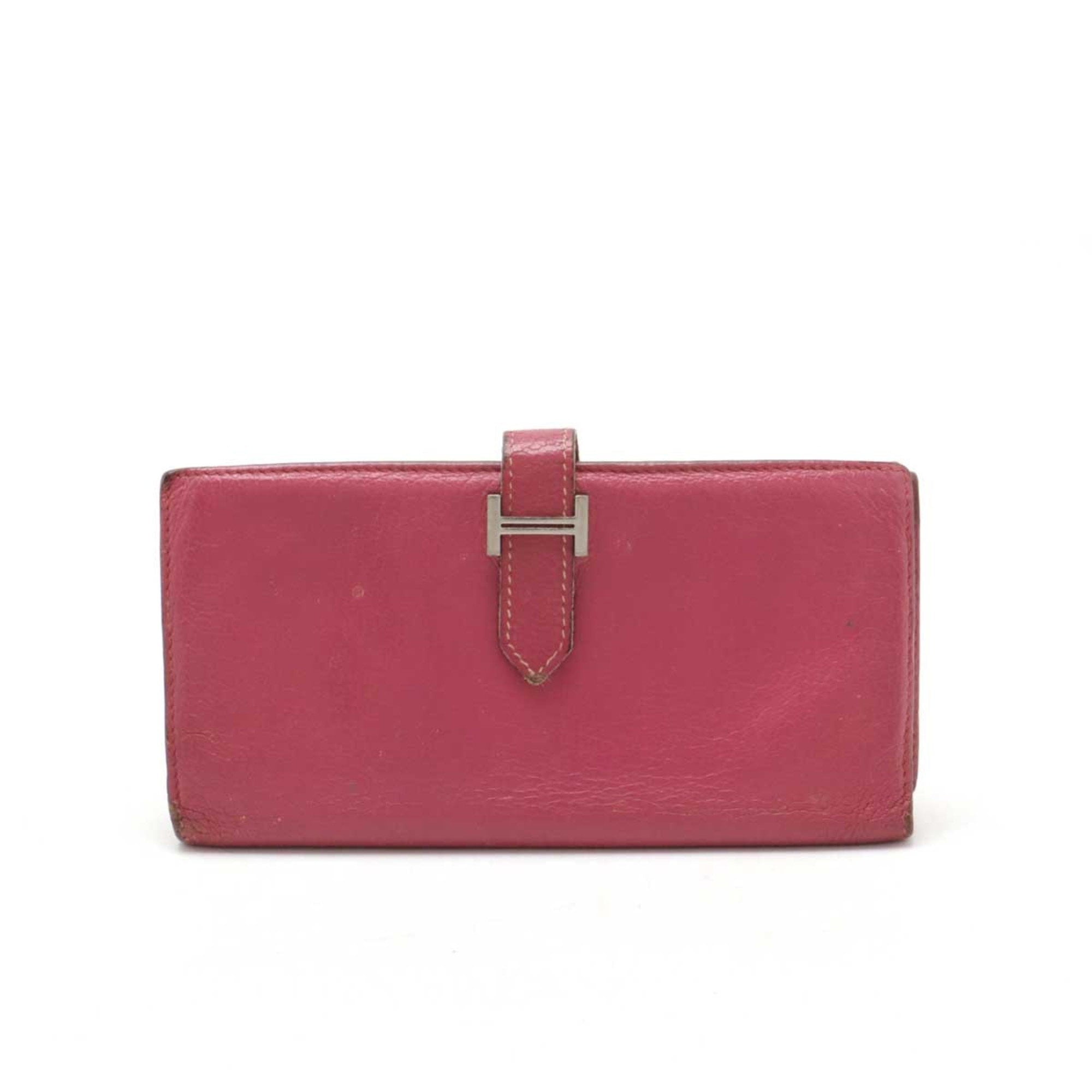 Pre-Owned HERMES Bearn 2PLIS Dupri Tri-fold Long Wallet Leather Pink ...