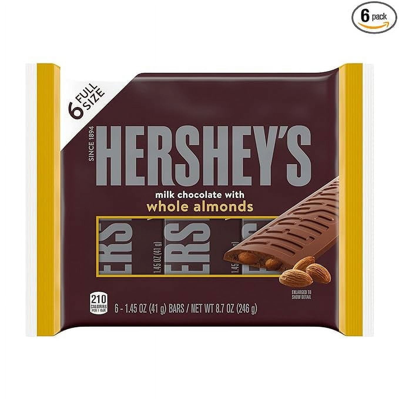 Hershey's Milk Chocolate with Whole Almonds Candy, Bars 1.45 oz, 6 ...