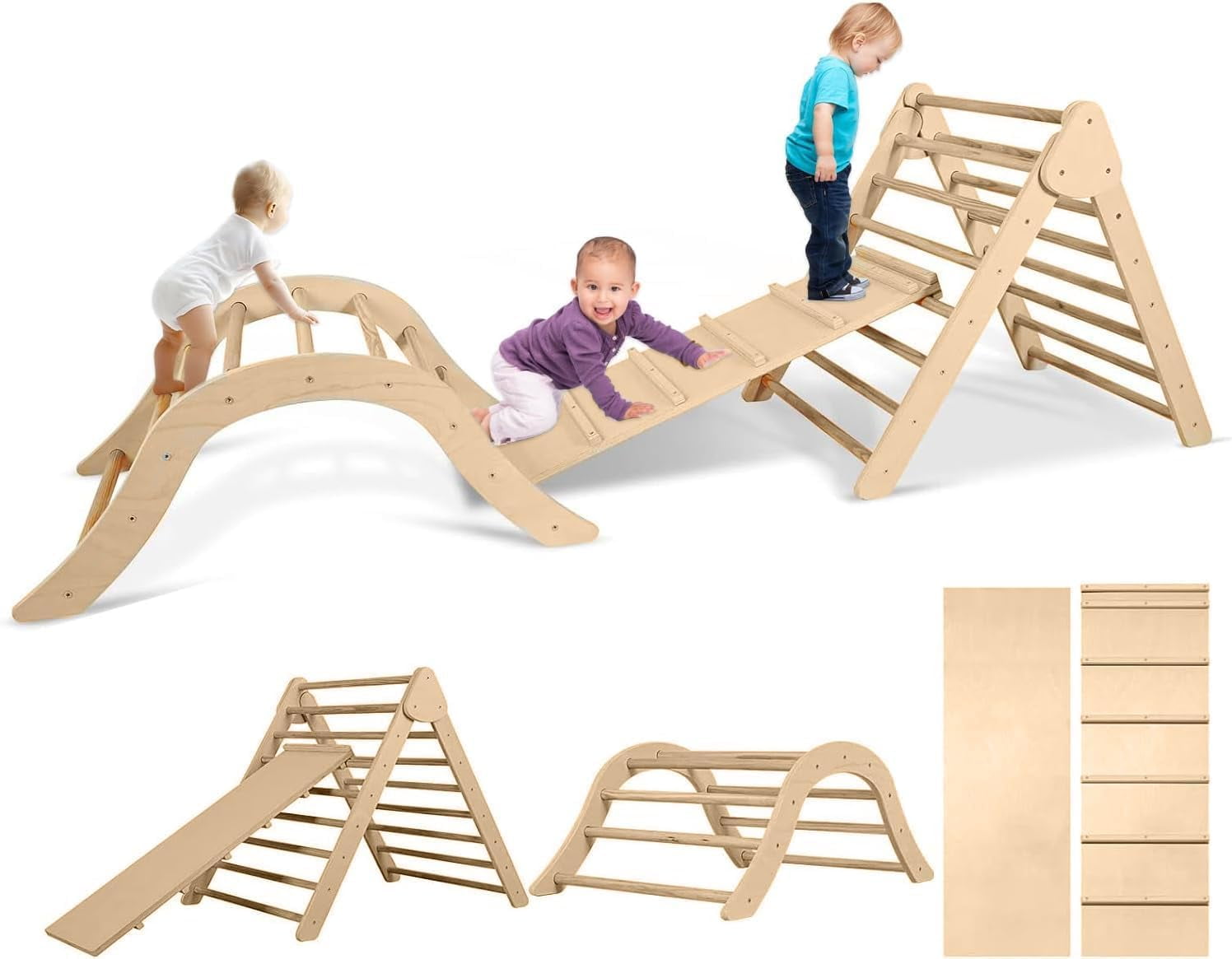 HERVIGOUR 3-in-1 Wooden Pikler Triangle Set for Toddlers, Wooden Jungle ...