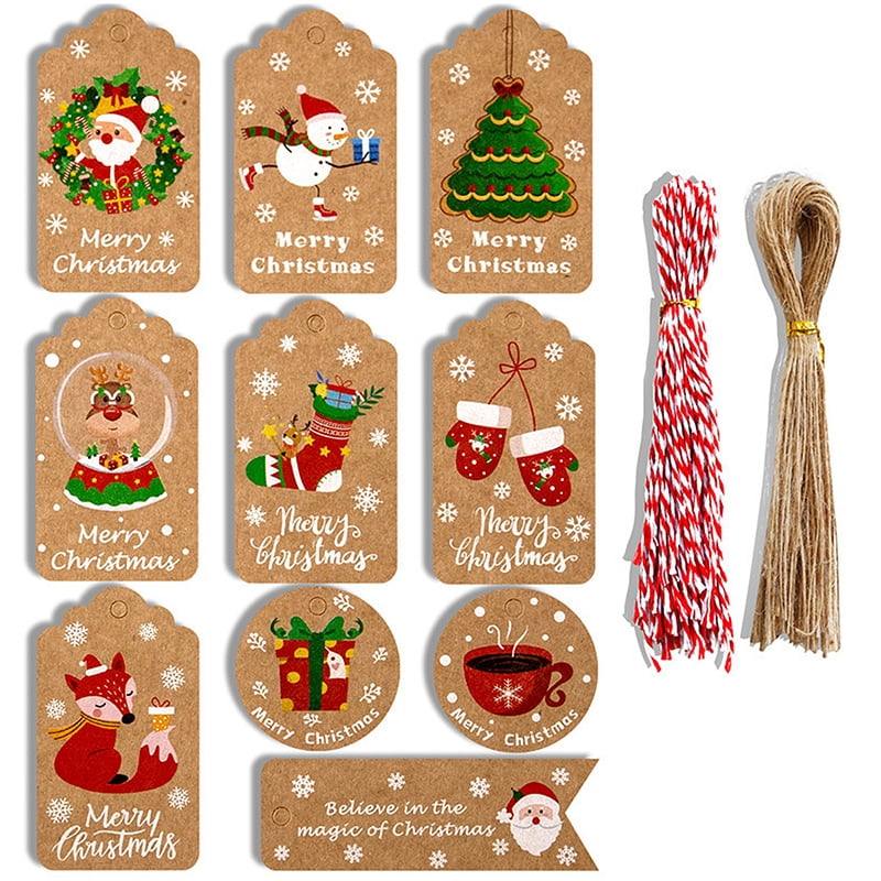 HESHENG 100 Pieces Christmas Tags Xmas Santa Snowman Kraft Paper Gift ...