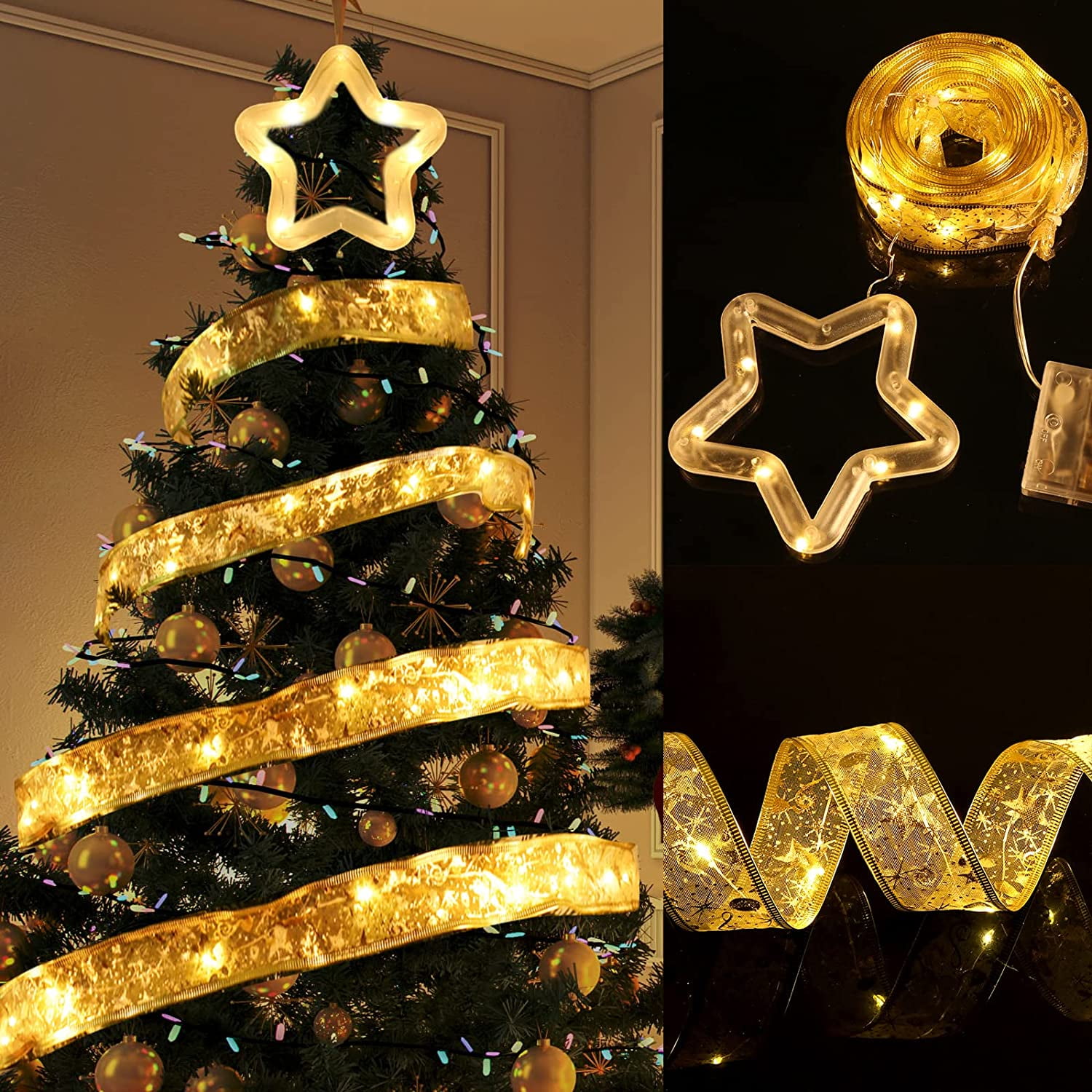 HESHENG Christmas Ribbon Lights, 13ft Gold Christmas Ribbon 40 Led ...