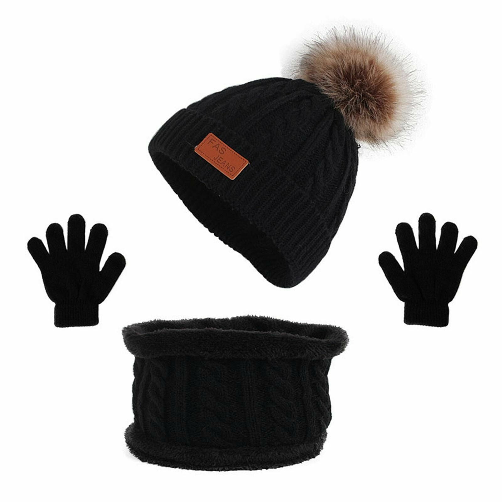HESHENG Kids Winter Warm Beanie Hat Scarf Gloves Set Thermal Knit ...
