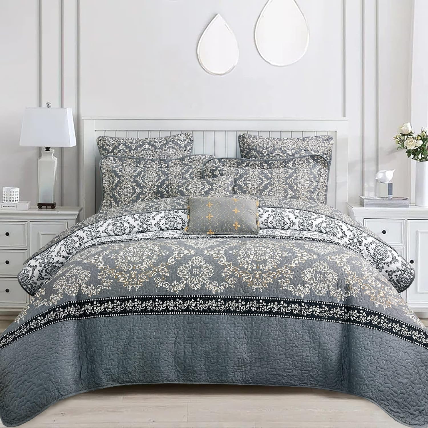 HESTIN 7 Piece Queen Size 90" x 90" Reversible Bedspread Quilted ...