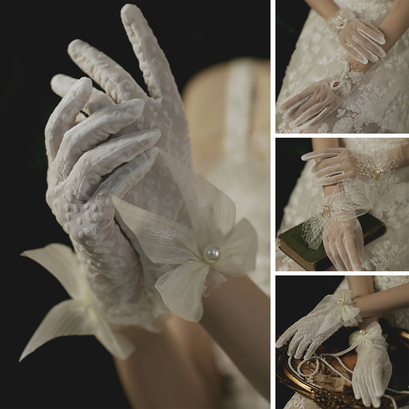 HEVIRGO 1 Pair Wedding Gloves Mesh Faux Pearl Bow-knot Lace Romantic ...