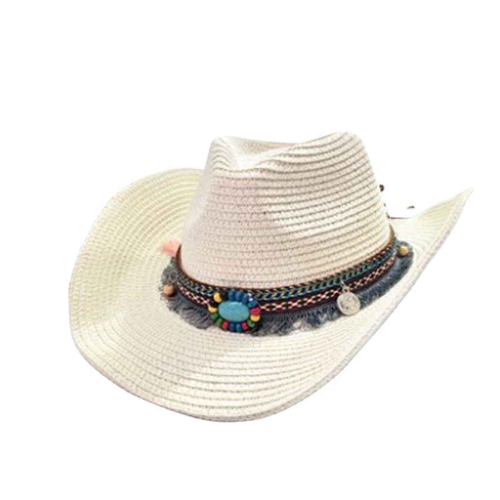 HEVIRGO Cowboy Hat Classic Vintage Braided Curled Edge Wide Brim Men ...
