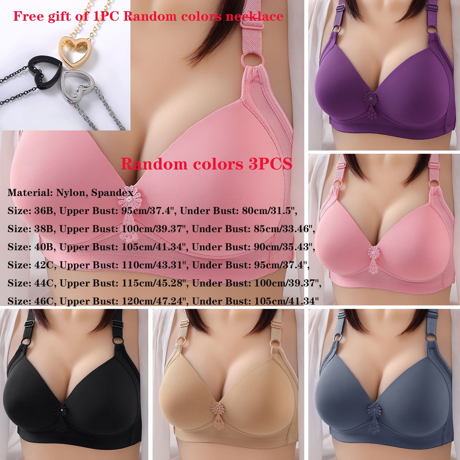 HEVIRGO Random colors 3PCS Women Bra Back Closure Lace Breathable Elastic Anti-snagging Breast ...