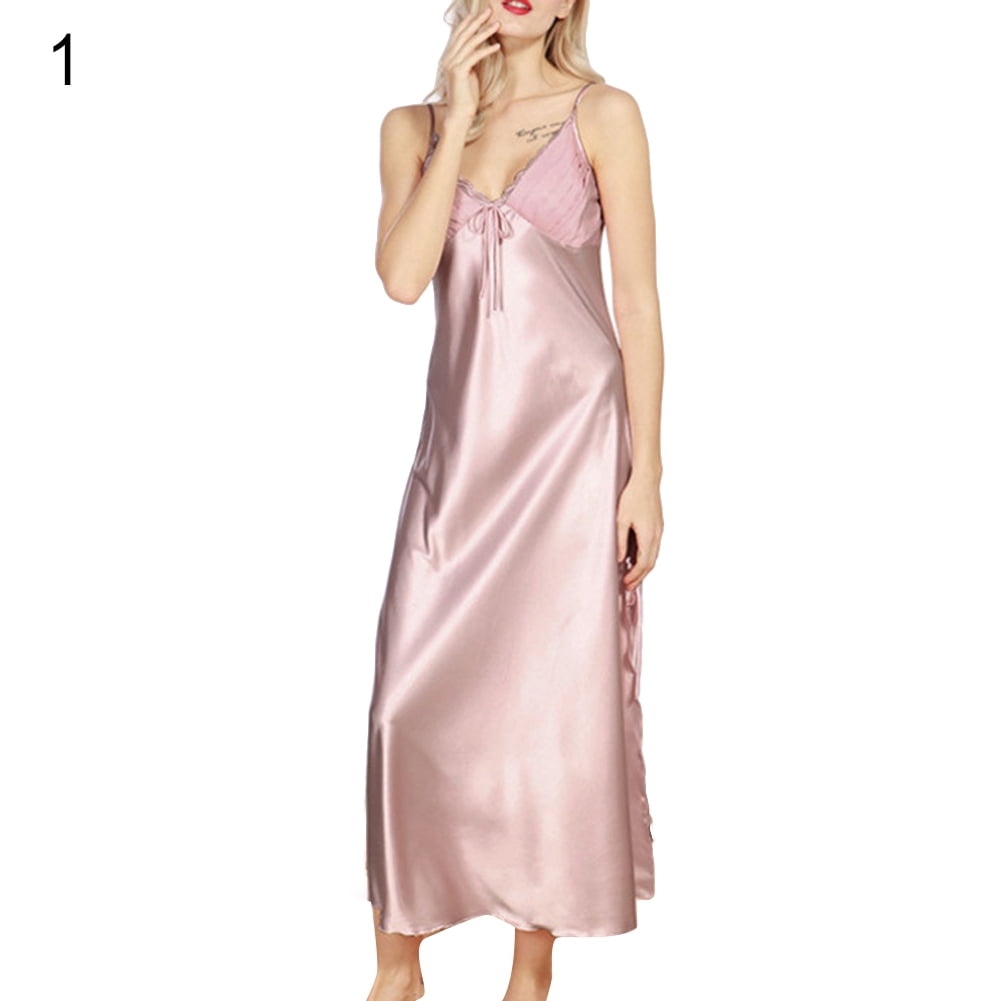 HEVIRGO Summer Silk Pajamas Nightgown Women Pleated V Neck Sleeveless ...