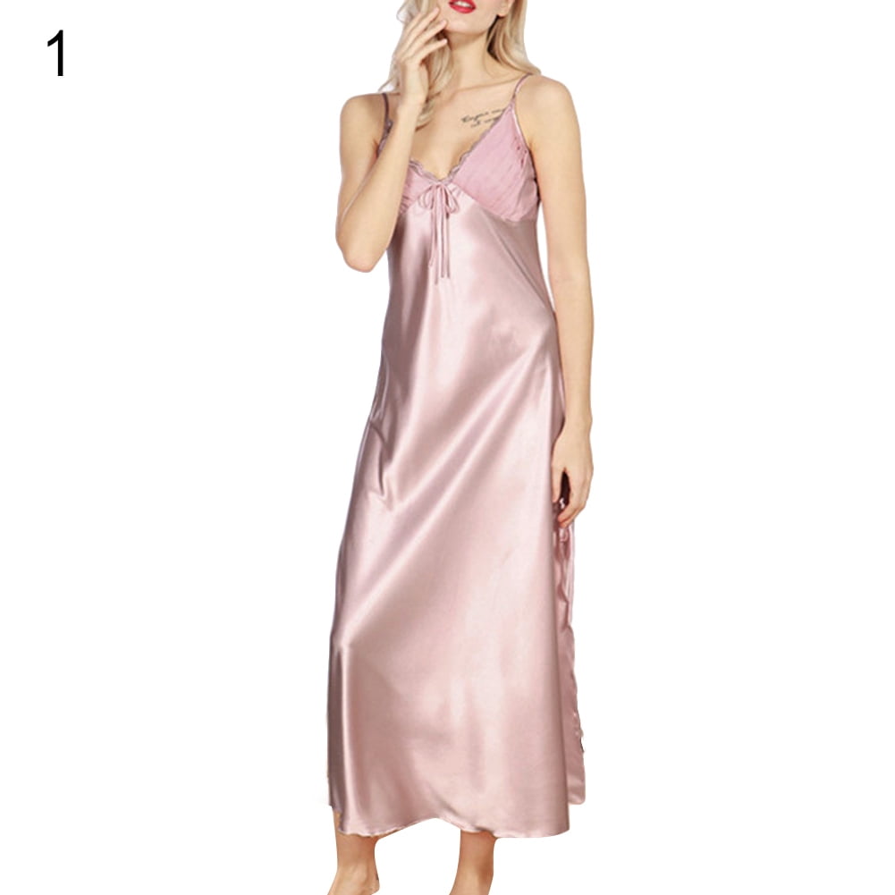 HEVIRGO Summer Silk Pajamas Nightgown Women Pleated V Neck Sleeveless ...