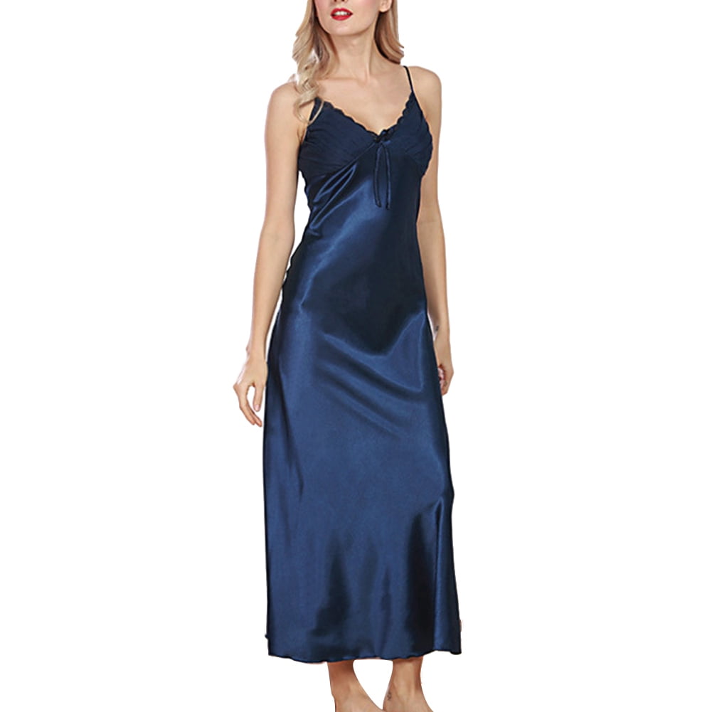 HEVIRGO Summer Silk Pajamas Nightgown Women Pleated V Neck Sleeveless ...