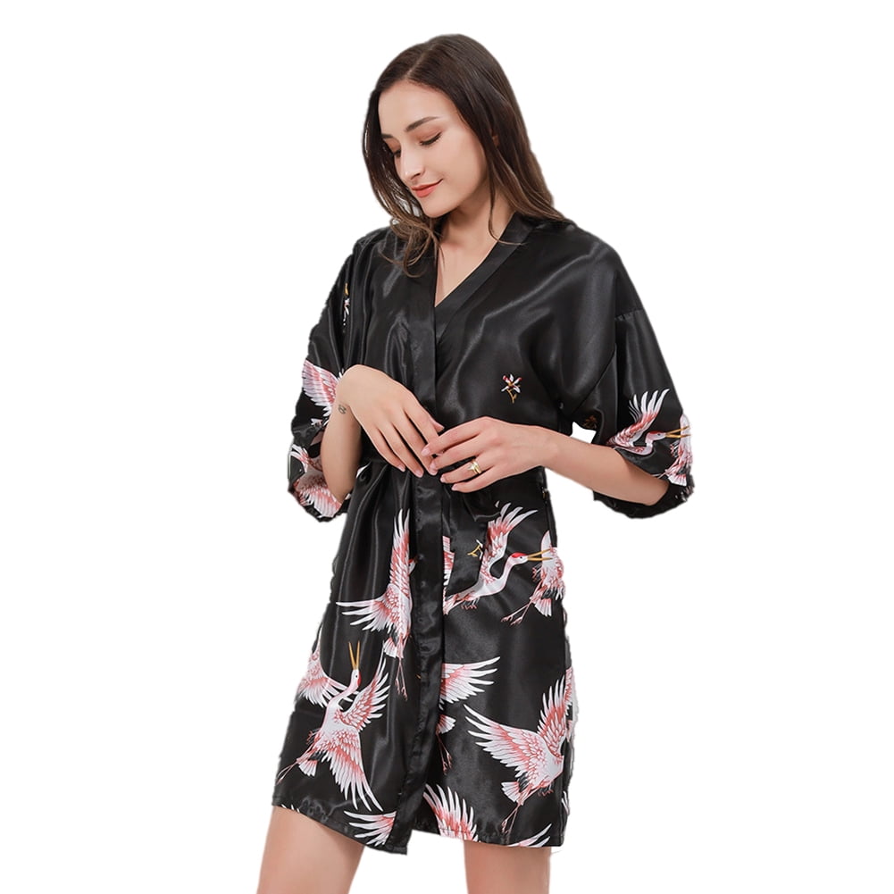 HEVIRGO Summer Women Ice Silk Fabric Lady Nightgown Crane Flower Print ...