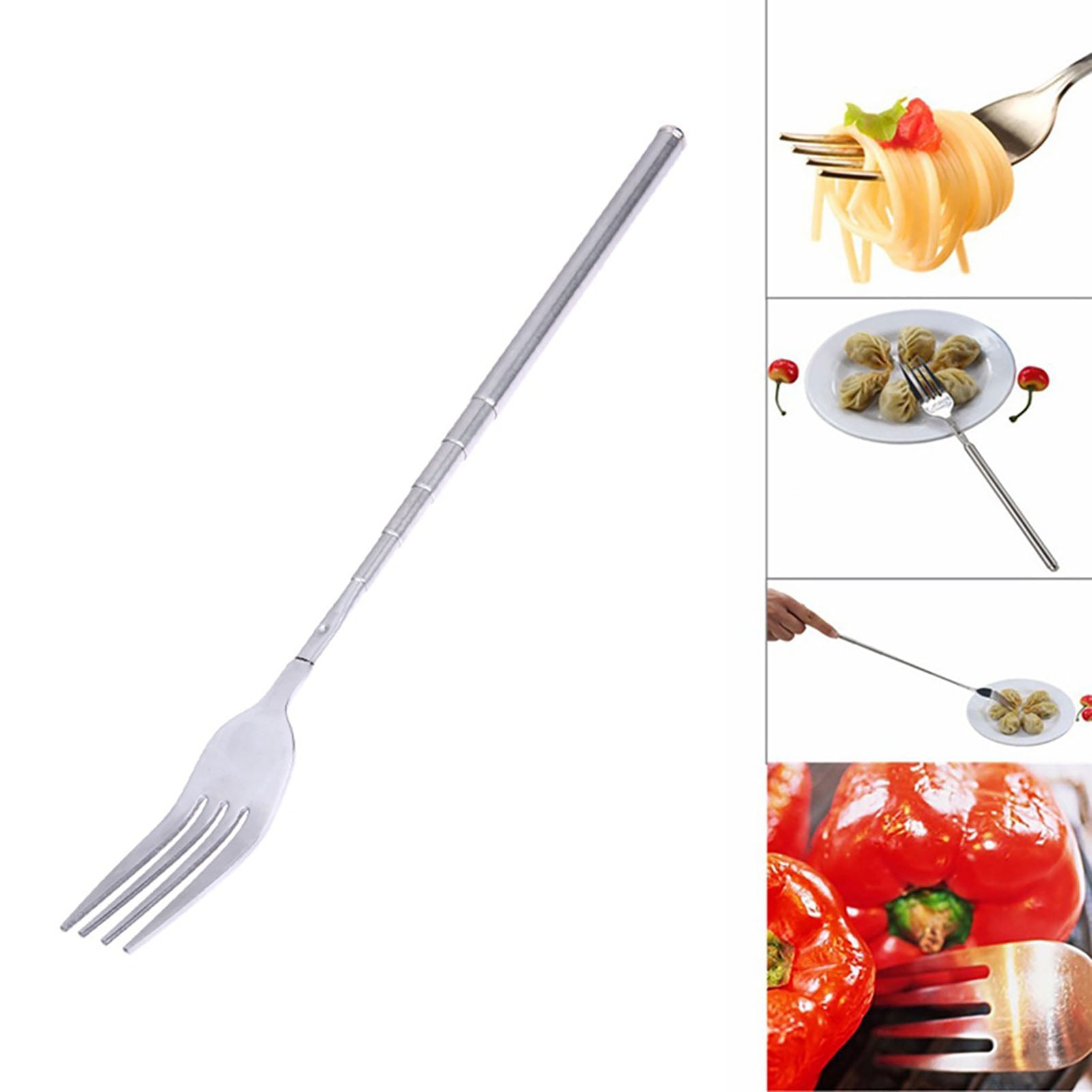 HEVIRGO Telescopic Long Food Fork, Extendable Silver Dinner Fruit ...