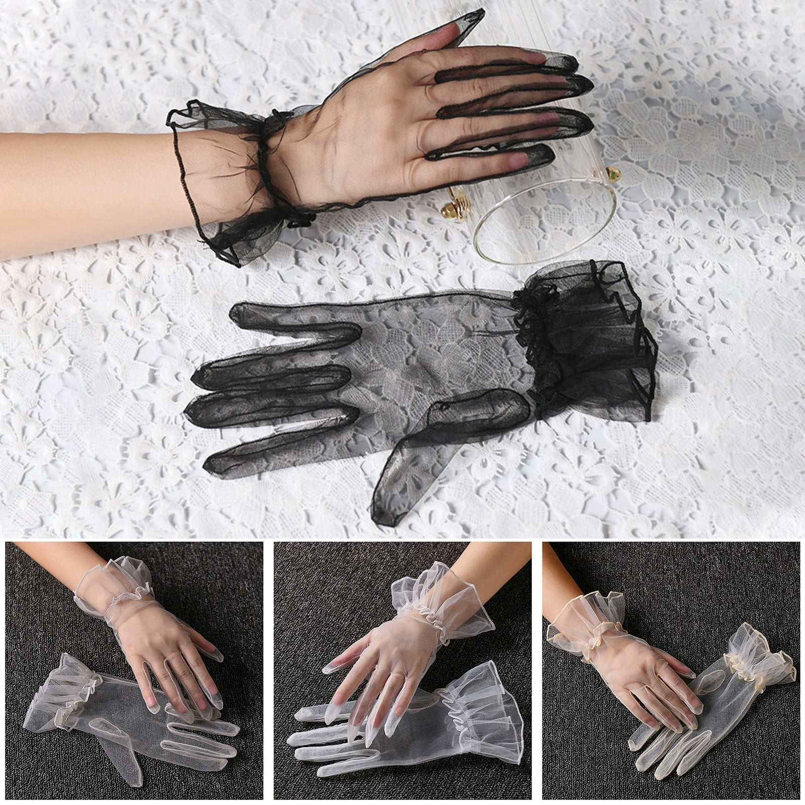 HEVIRGO Women Wedding Gloves See-through Ultrathin Shirring Ruffle Lace ...