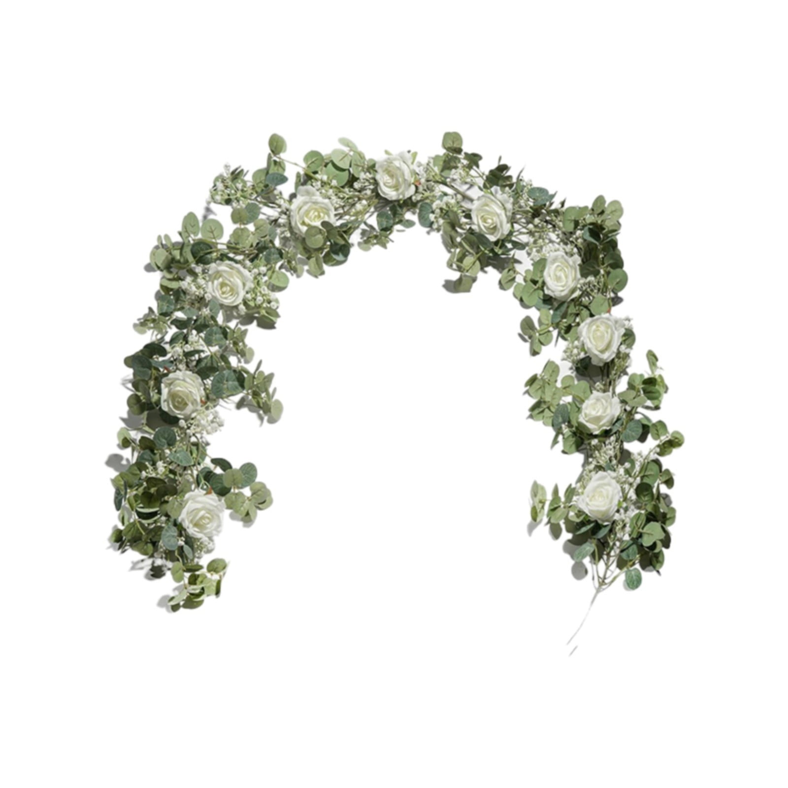 HEXBOOYOO Faux Flowers 6FT Artificial Garland with Flowers 10 White Roses Baby Breath Garland ...