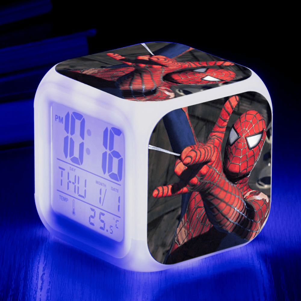 HEXNNHA Digital Alarm Clock for Kids, Spider-Man Pattern 7 LED Color ...