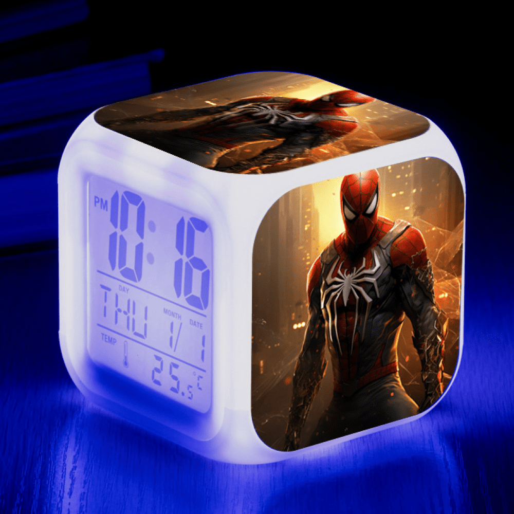 HEXNNHA Digital Alarm Clock for Kids, Spider-Man Pattern 7 LED Color ...