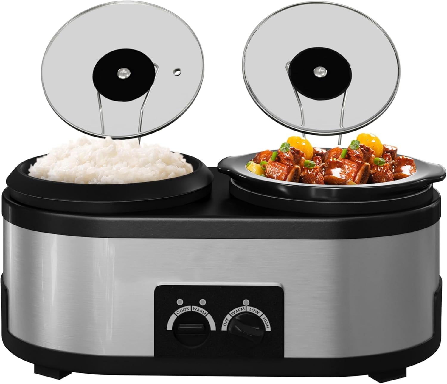HEYNEMO 2-in-1 Double Slow Cooker, 3 Cups Rice Cooker and 1.5 Quart ...