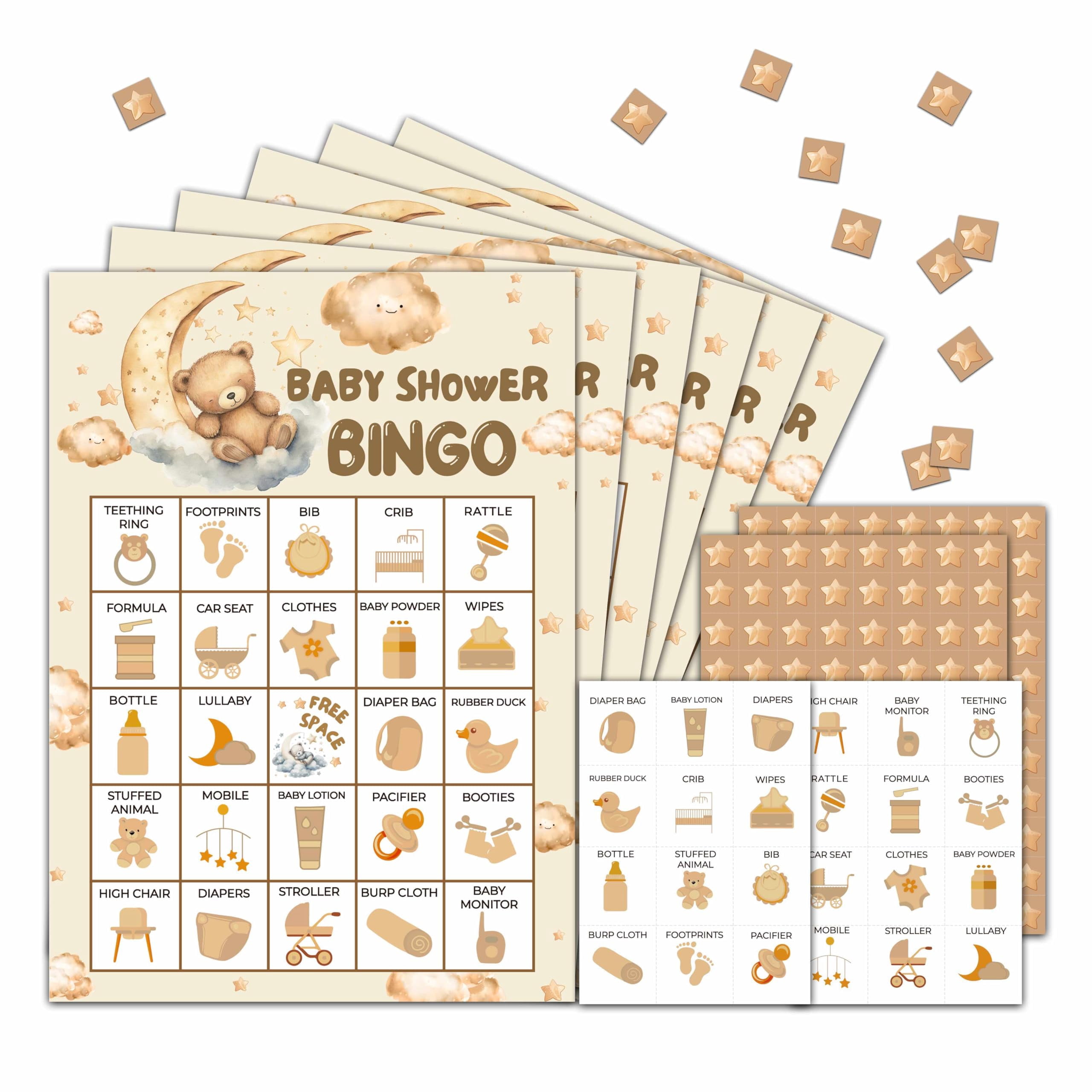 HEZNZXQ Bear Baby Shower Bingo Party Game Cards, Moon and Stars Themed ...
