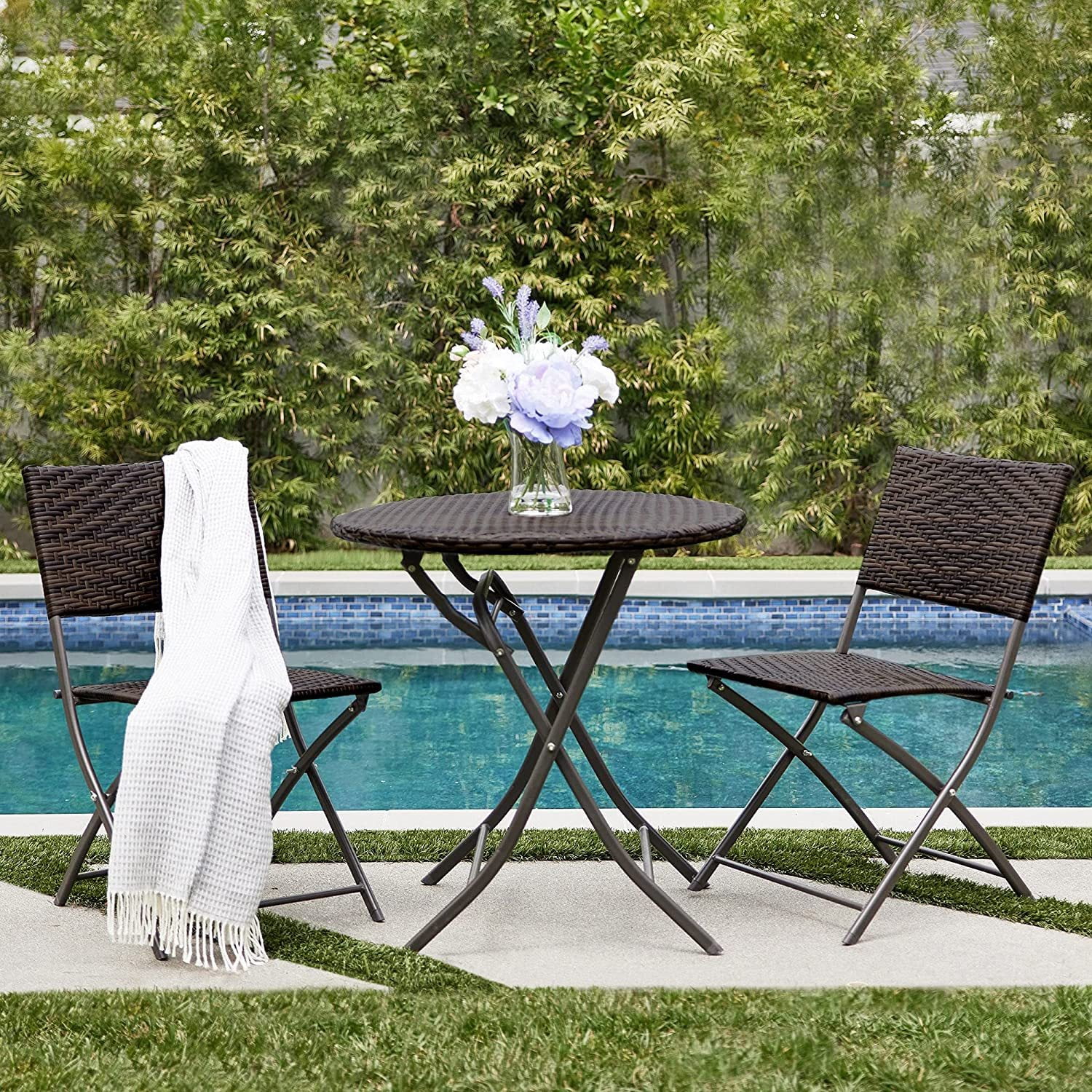 HElectQRIN 3 Piece Modern Rattan Patio Bistro Set with Folding Table ...