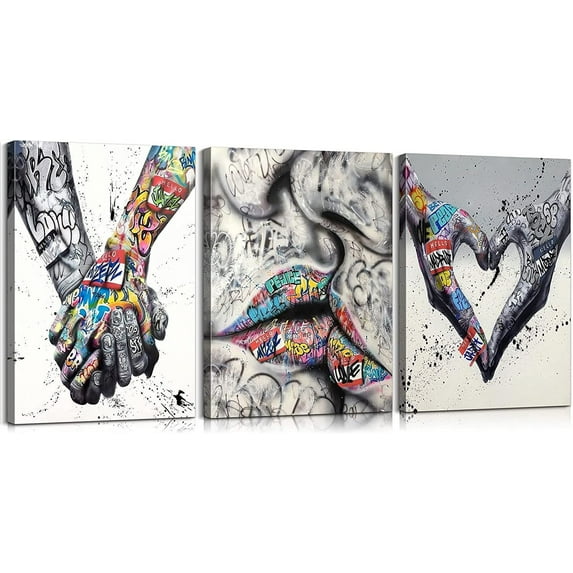 HFDF 3 Pieces Graffiti Art Love Wall Art Couples Kiss Posters Graffiti ...