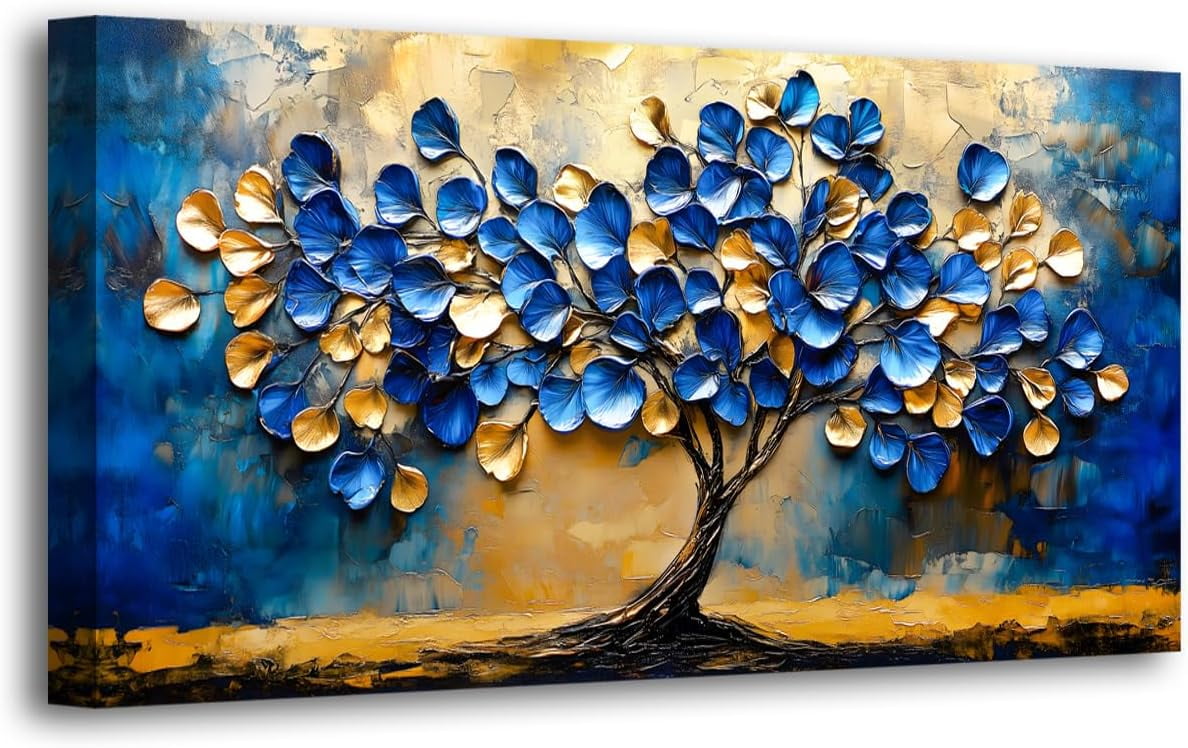 HFDF Abstract Tree Canvas Wall Art Wall Decor Living Room,Blue and Gold ...