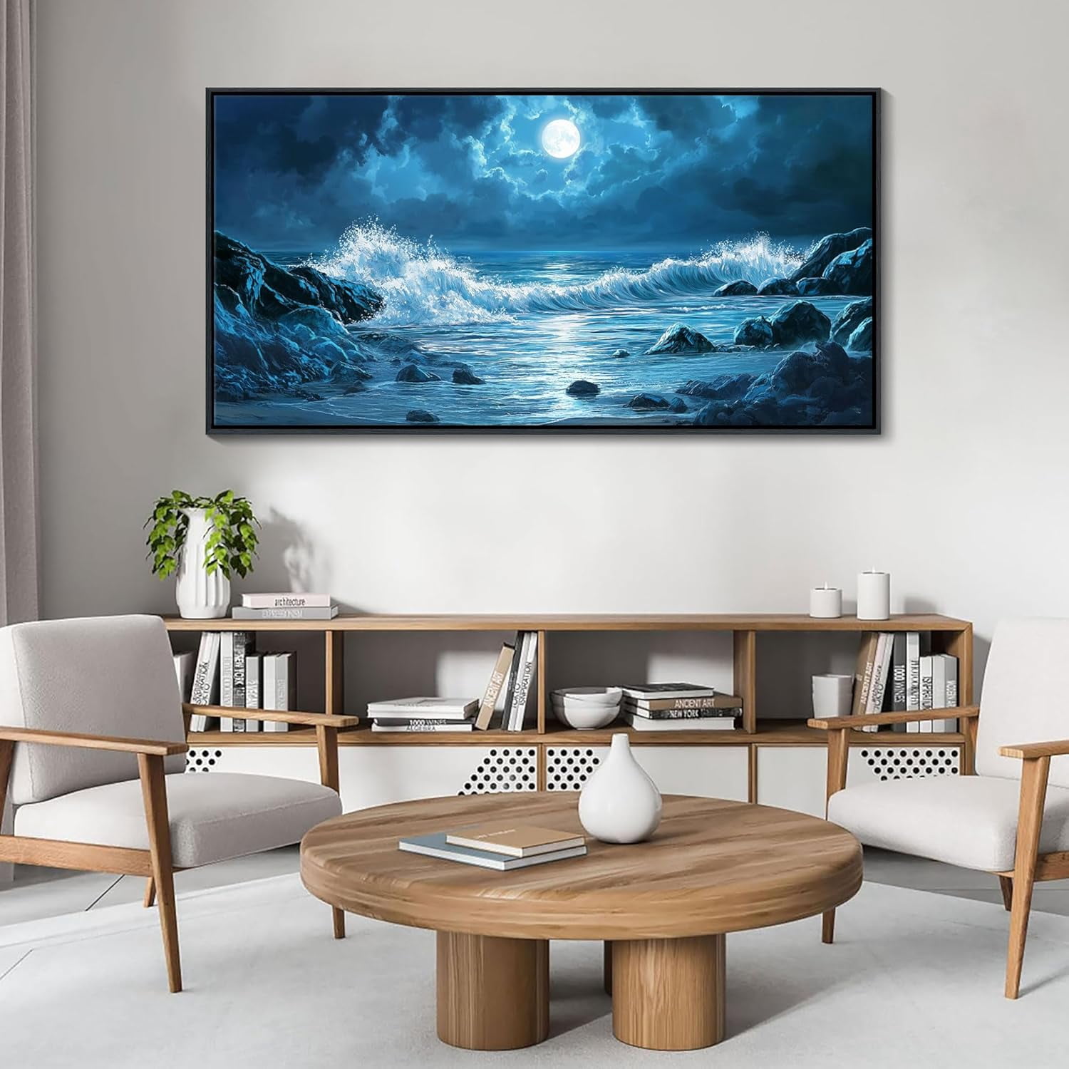 HFDF Blue Beach Night Scene Wall Art, LargeCoastal Canvas Artwork Moon ...