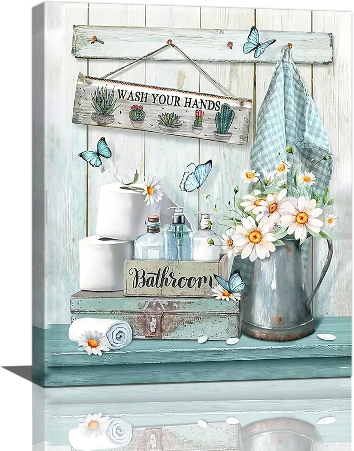 HFDF Blue Butterfly Floral Farmhouse Bathroom Wall ArtWash Your Hands ...