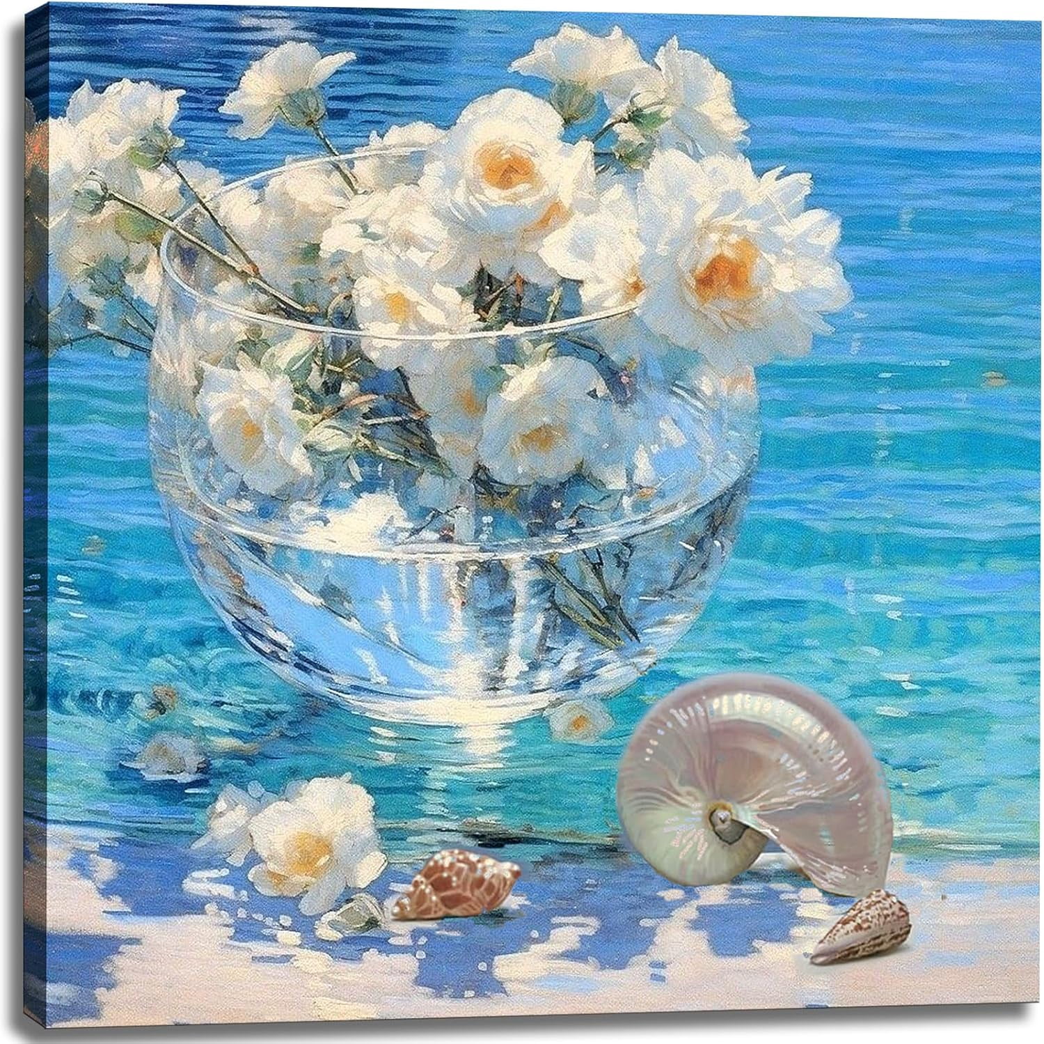 HFDF Blue Ocean Wall Art Canvas Print Coastal Beach Painting with White ...