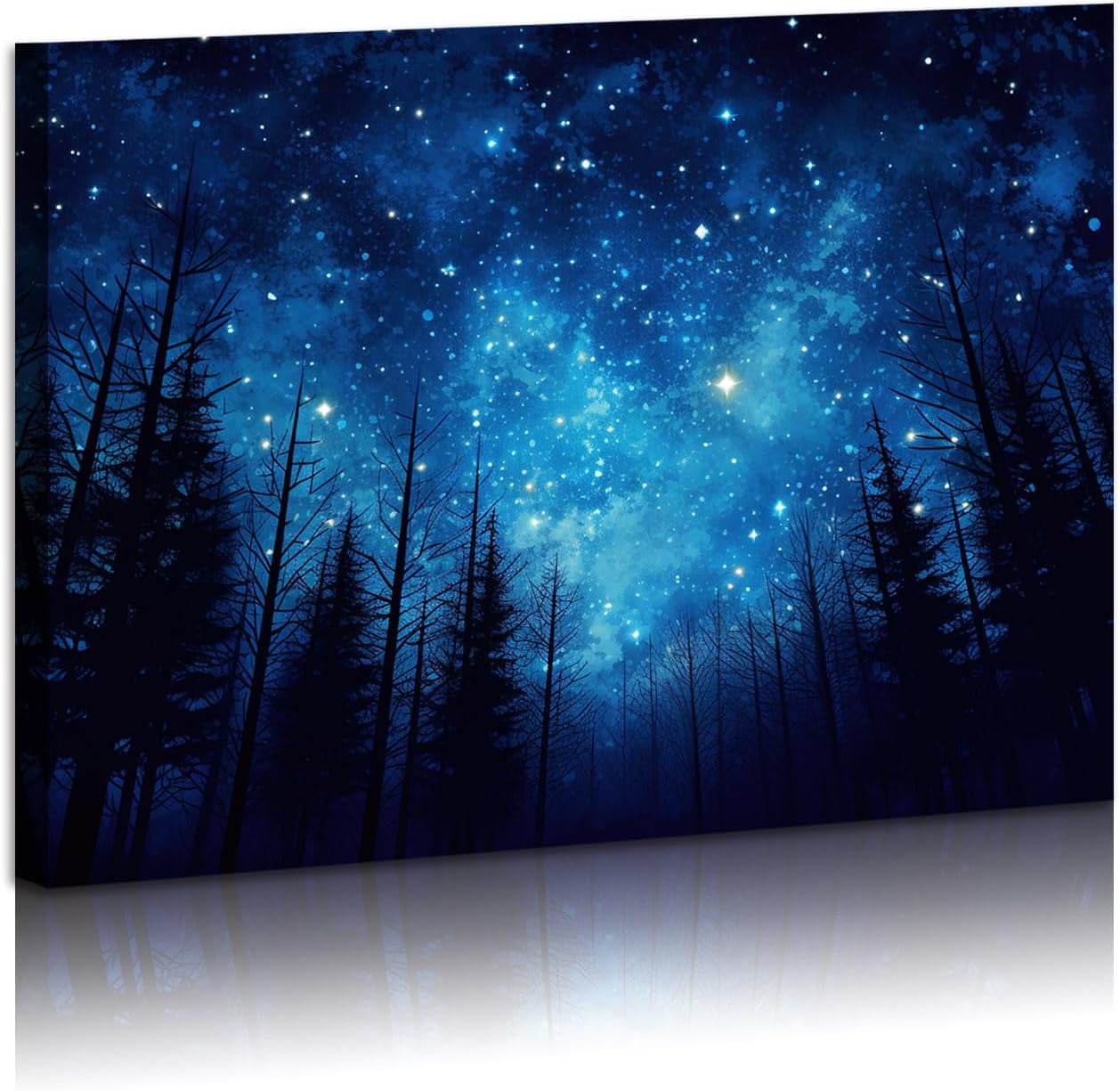 HFDF Blue Starry Night Forest Tree Silhouette Canvas Wall Art Nature ...
