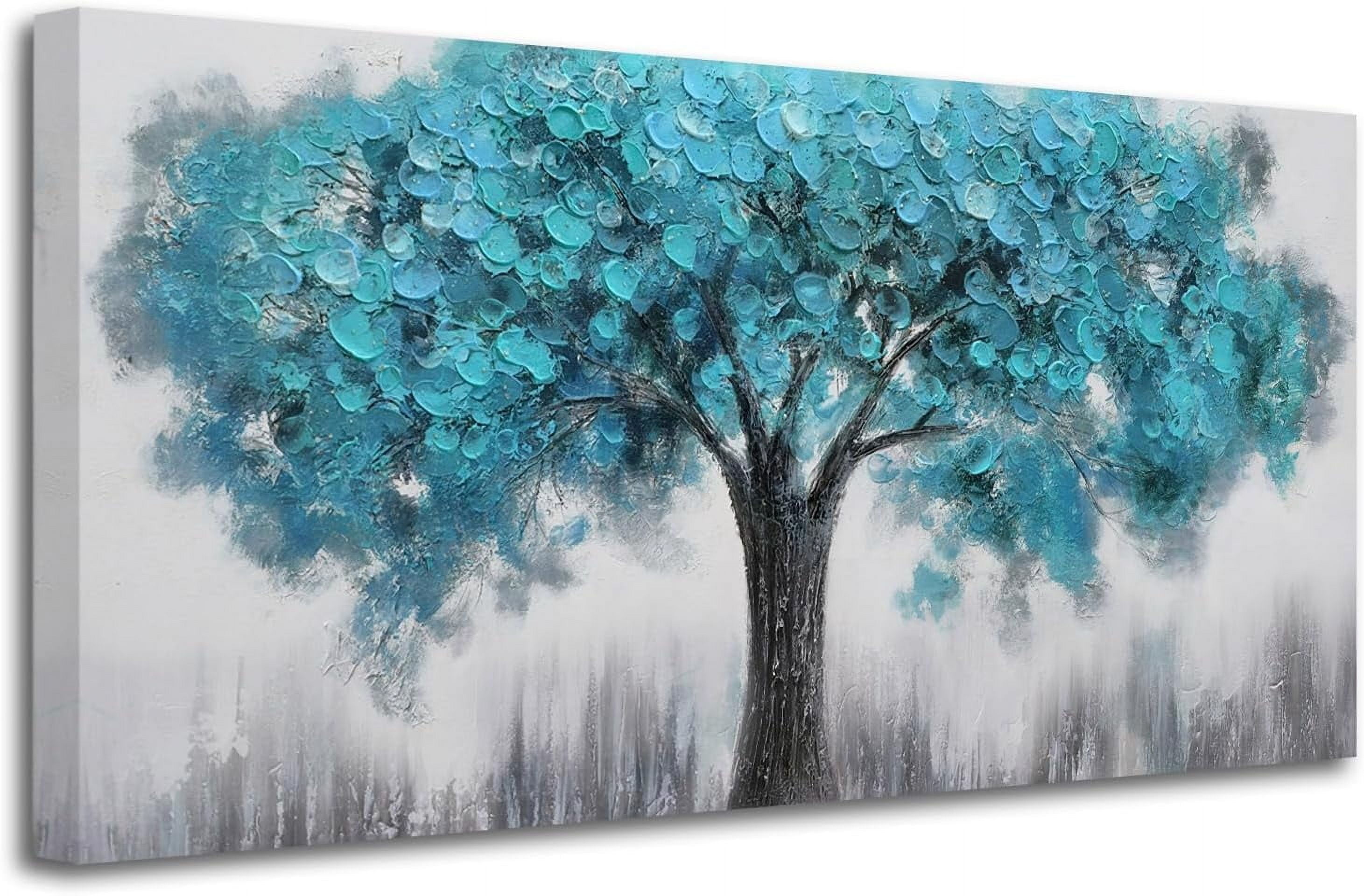 HFDF Blue Tree Canvas Wall Art Textured Painting for Living Room Large ...