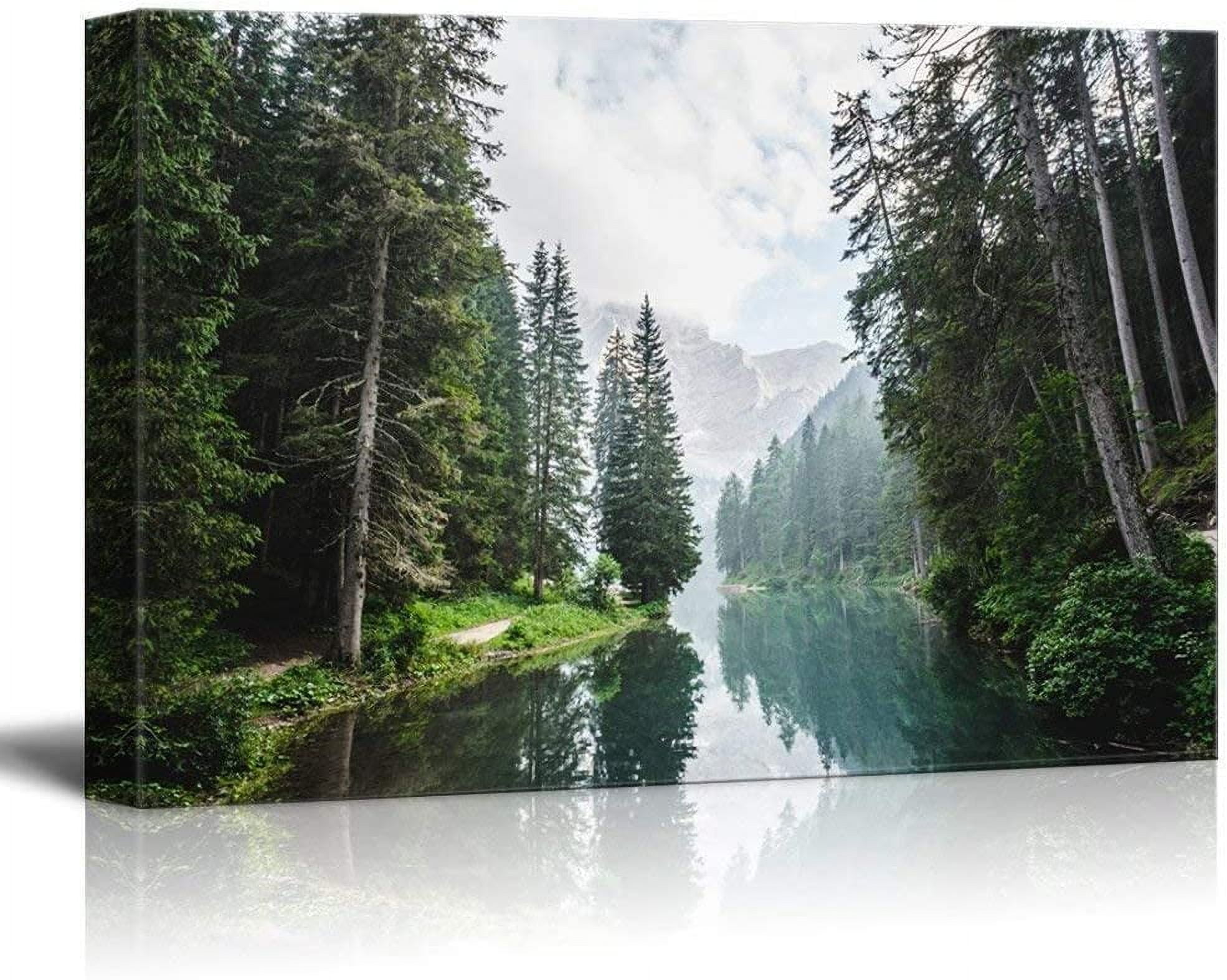 HFDF Canvas Print Wall Art Fall Green Forest with Lake Reflection ...