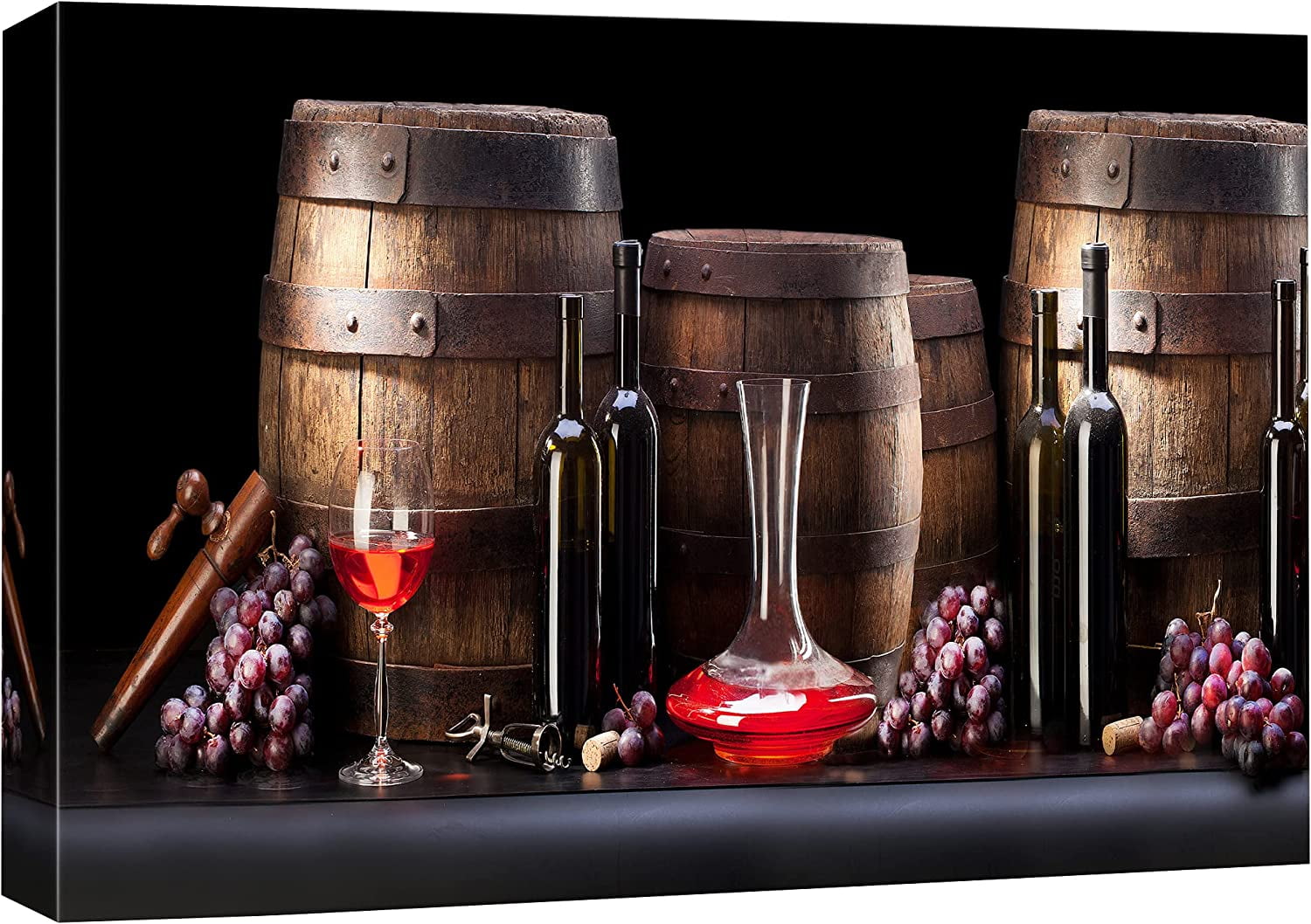 HFDF Canvas Print Wall Art Red Wine with Flasks, Red Grapes & Barrels ...