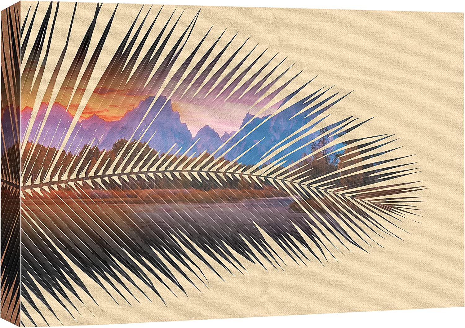 HFDF Canvas Prt Wall Art Double Exposure Palm Leaf & Mountas Floral ...
