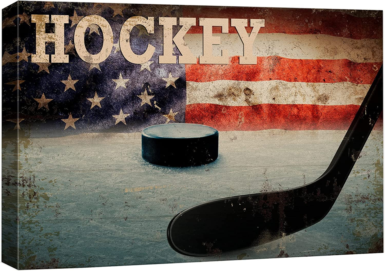 HFDF Canvas Prt Wall Art Vtage Hockey Stick & Puck with American Flag ...