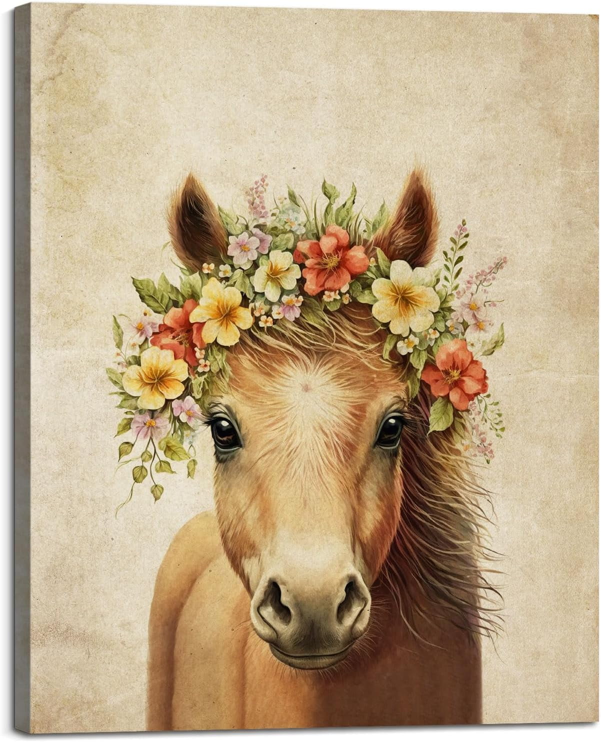 HFDF Cute Horse Wall Art Print Animal Pony with Wreath Portrait Canvas ...