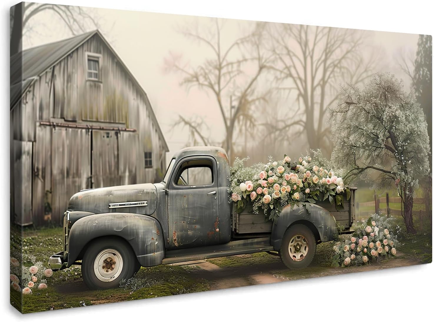 HFDF Farmhouse Canvas Wall Art Blue Old Truck Barn Paintings Vintage ...