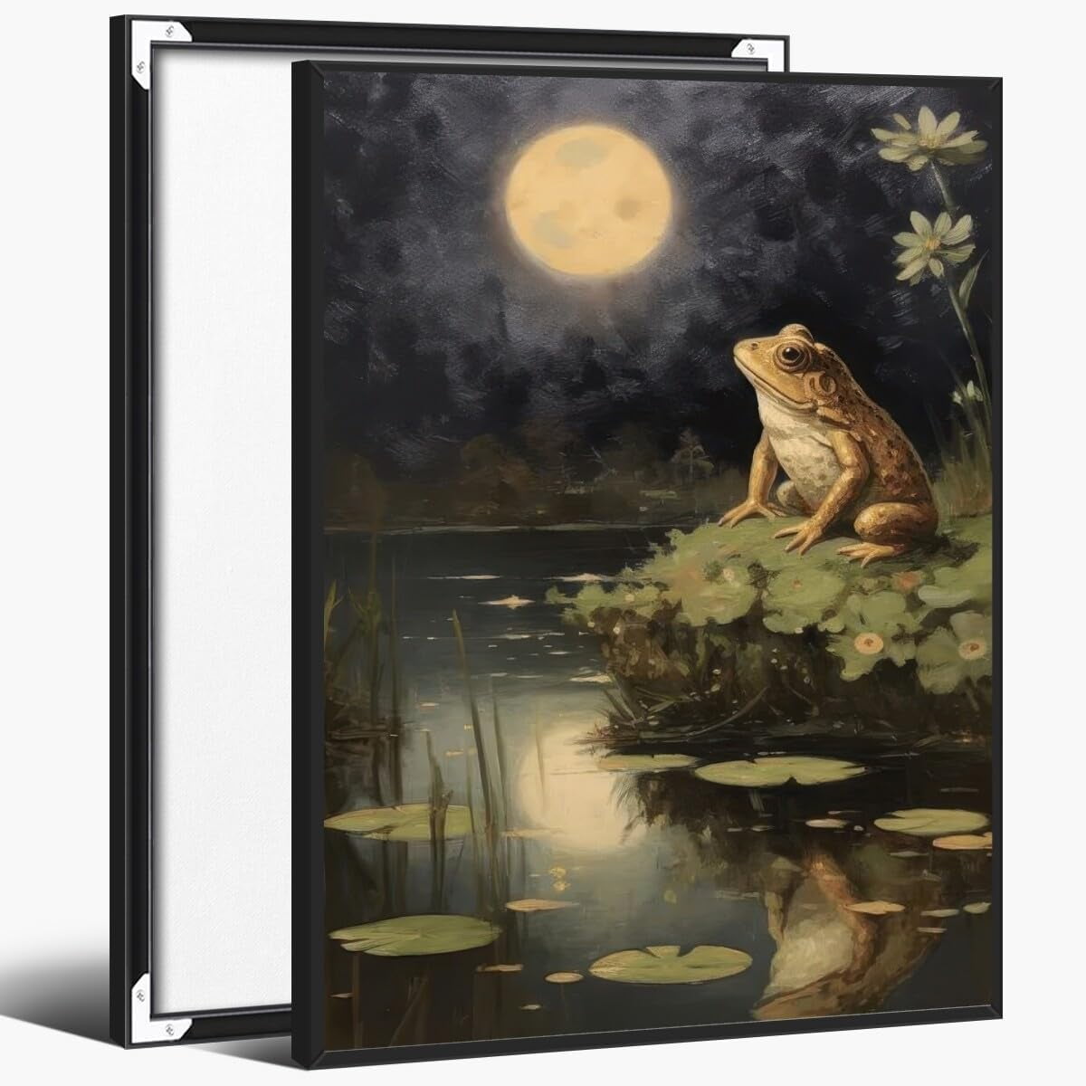 HFDF Frog Under The Full Moon Art Patg Sage Green Goblcore Wall Decor ...