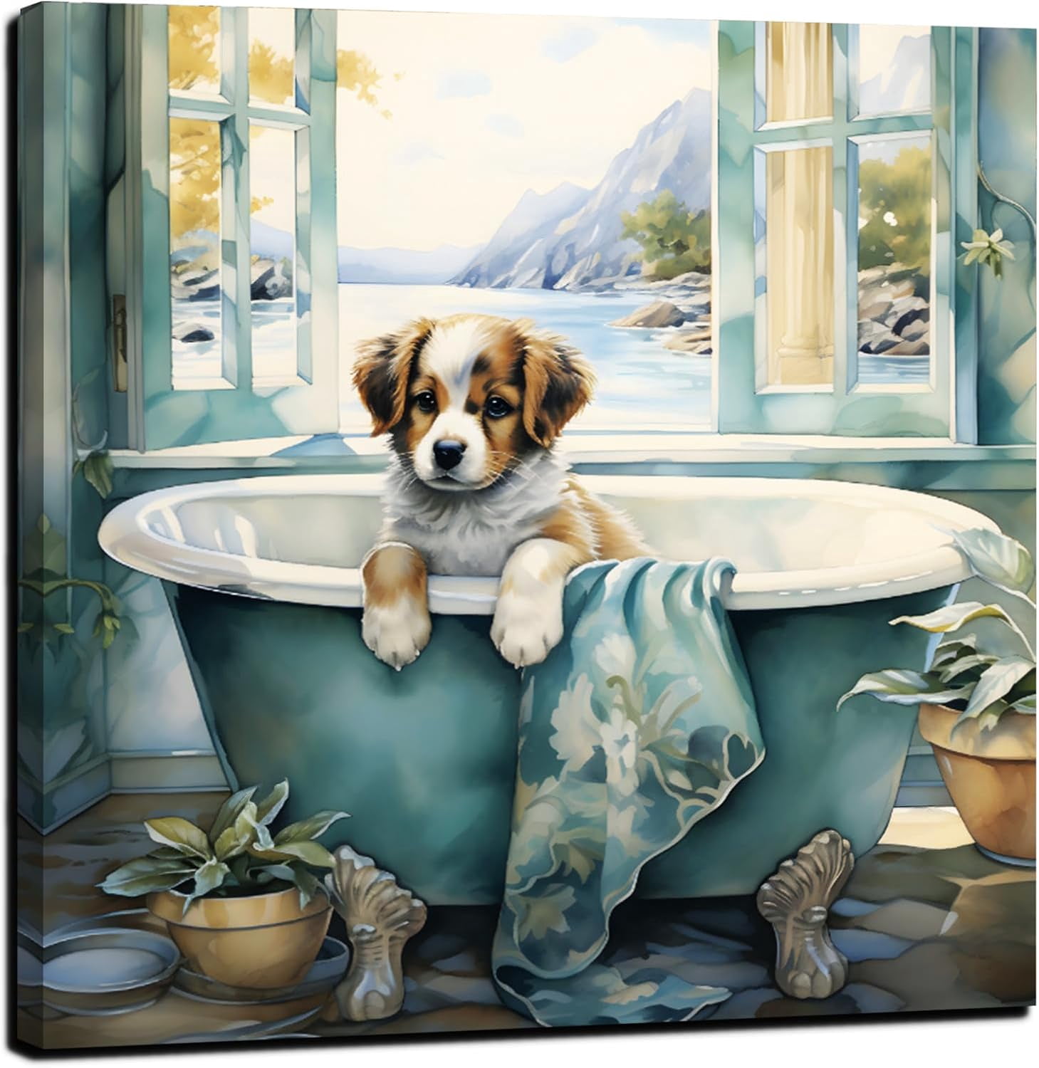 HFDF Fun bathroom canvas print wall art decoration dog picture window ...