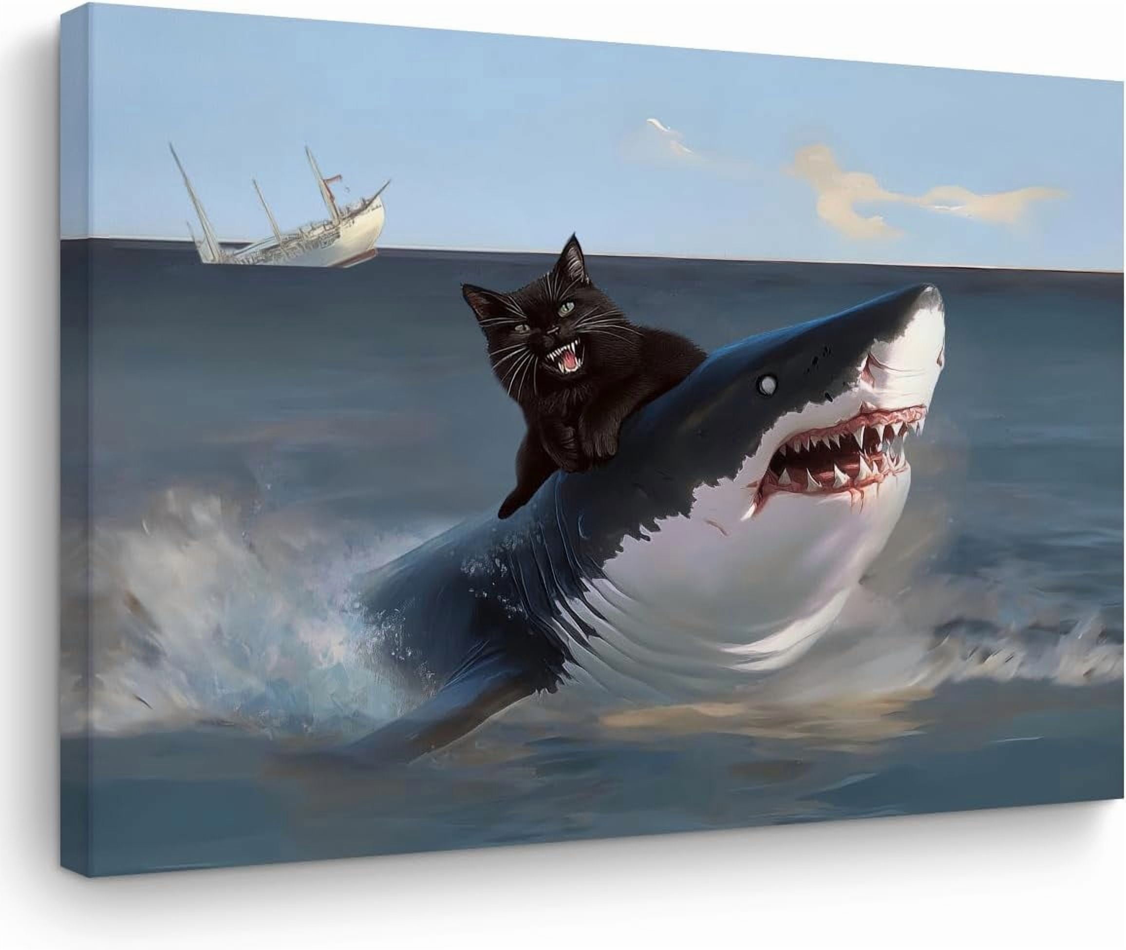 HFDF Funny Cat Canvas Wall Art, Funny Quirky Cat and Shark Pictures ...