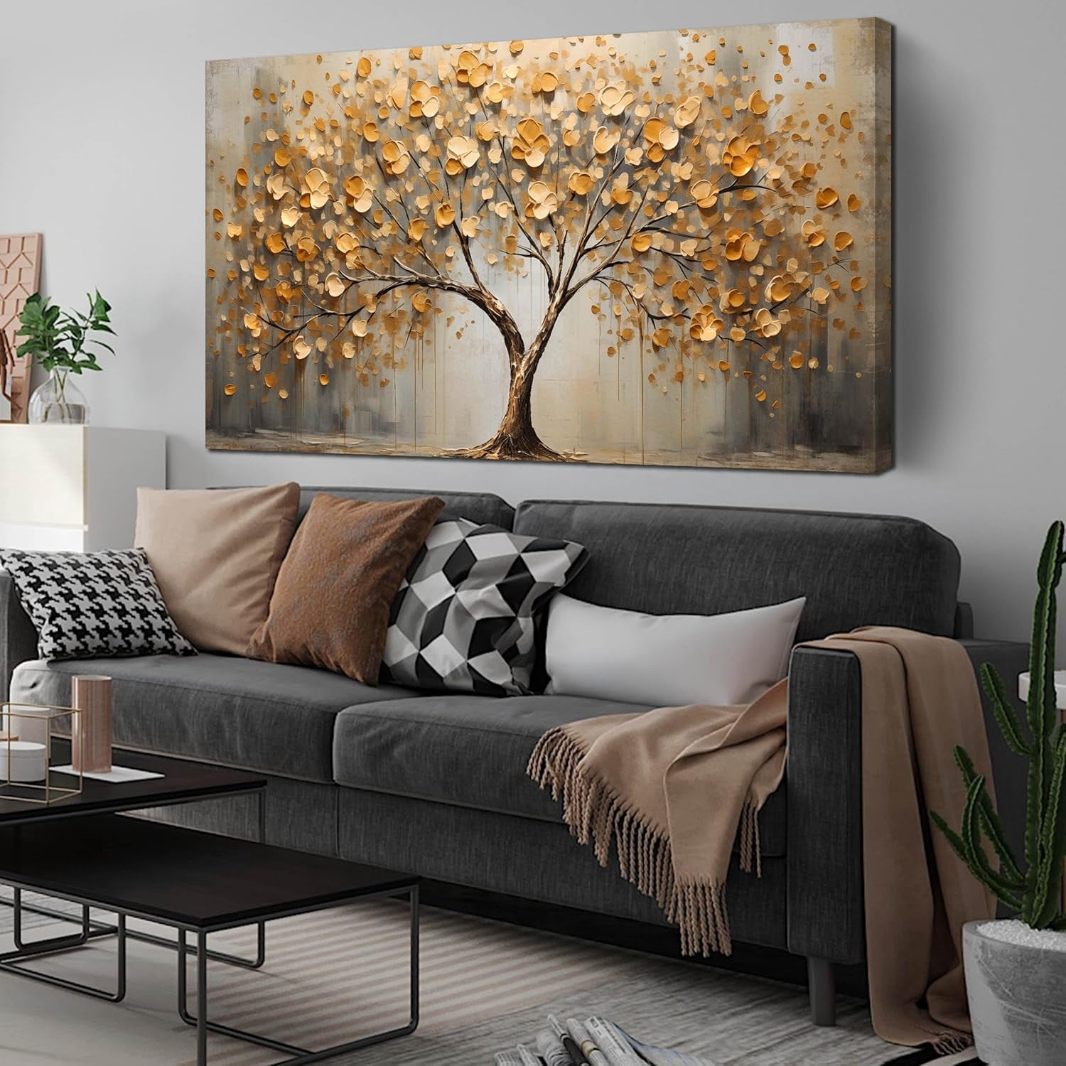 HFDF Gold Tree Pictures Wall Art for Living Room Large Abstract Canvas ...